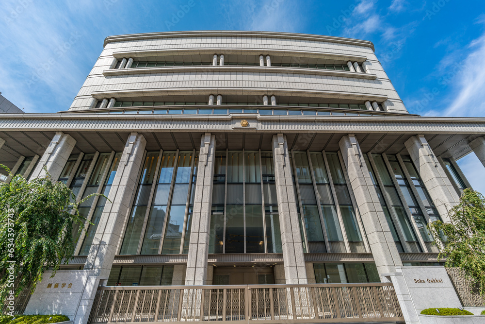 Tokyo - August 30, 2018 : Exterior of Soka Gakkai building. Hall of the ...