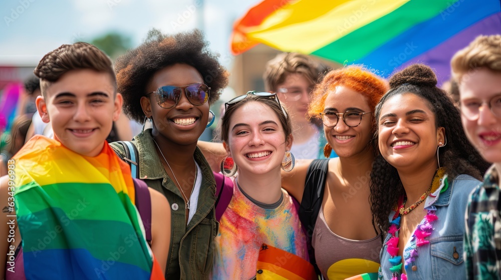 Happy man and woman with hands raised holding rainbow flags while ...