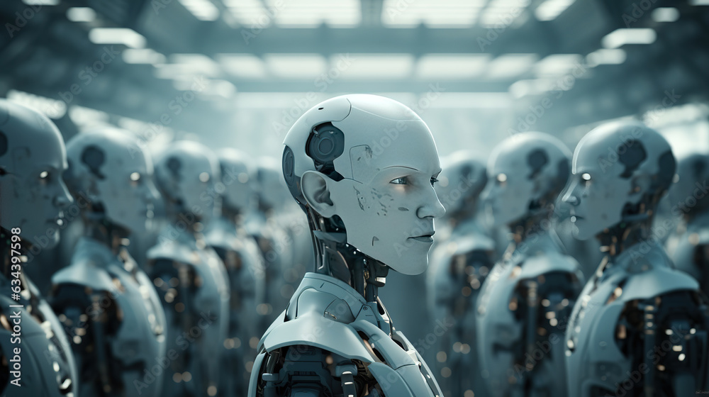 Foto de Minimalistic scene with Crowd of white robots, showcasing advanced AI, machine learning ...