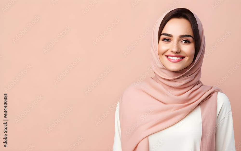 Happy Arab woman in hijab looking at someone with lovely smile ...
