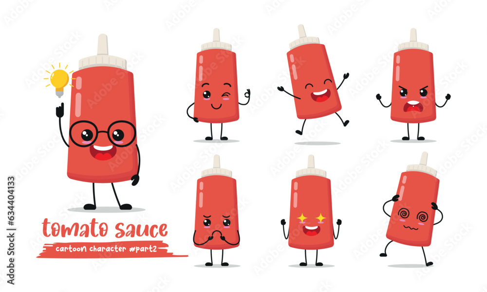 cute tomato sauce cartoon with many expressions. tomato sauce bottle ...
