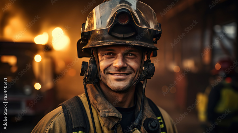 Firefighter portrait on duty. Photo of happy fireman with gas mask and ...