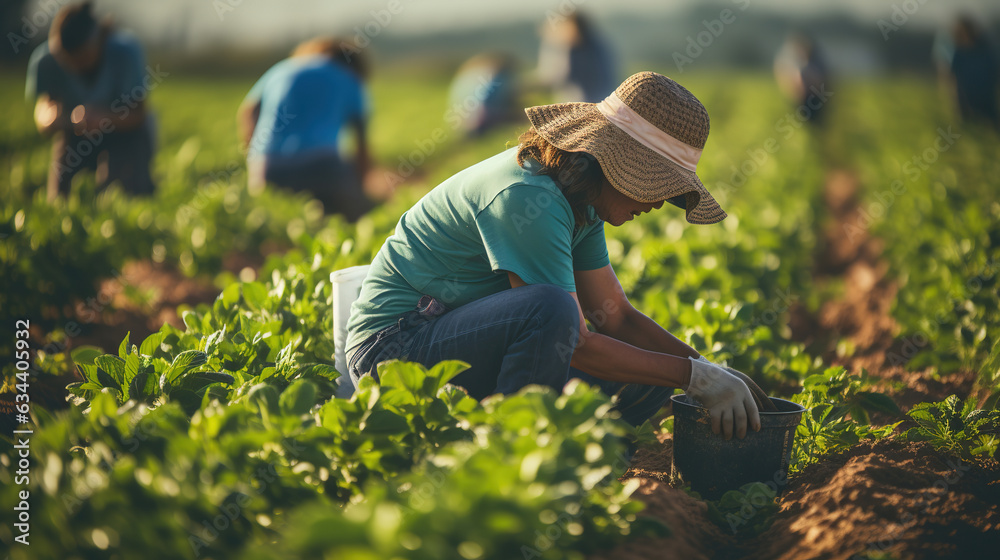 Farmworkers laboring in the field. Significance of manual labor in the ...