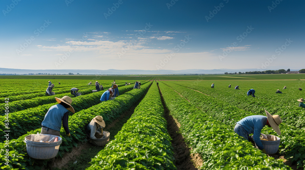 Farmworkers laboring in the field. Significance of manual labor in the ...