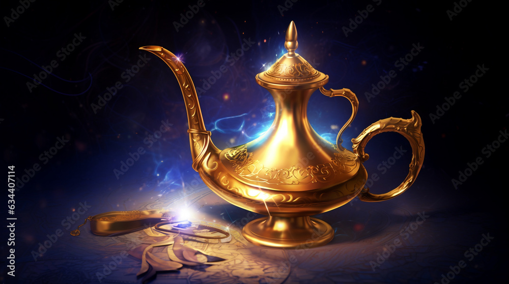 Magic oriental golden Alladin's lamp with shiny blue smoke or genie on ...