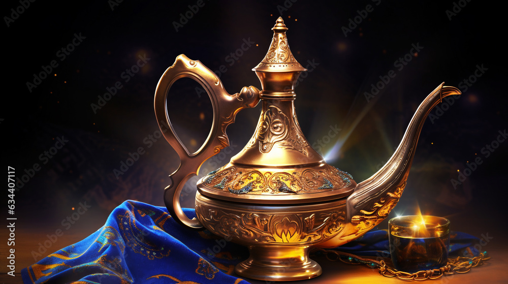 Magic oriental golden Alladin's lamp with shiny blue smoke or genie on ...