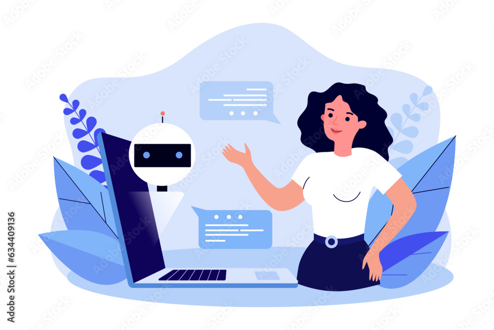 Client talking to chatbot in big laptop vector illustration. Cartoon ...