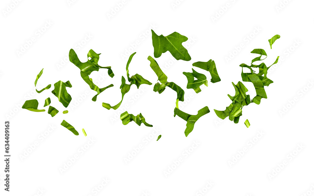 Chopped arugula leaves as green seasoning flying, falling isolated on ...
