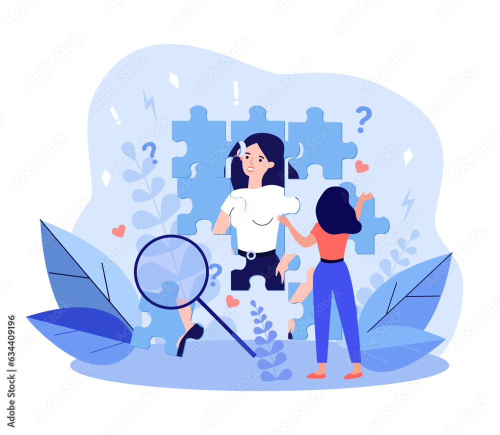 Girl putting together puzzle pieces of photo vector illustration ...