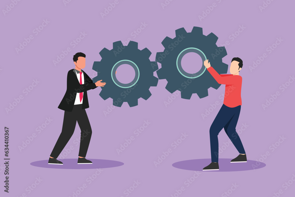 Cartoon flat style drawing teamwork cooperation in gears mechanism. Two ...