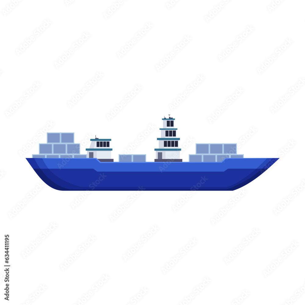 Container ship on white background. Side view of cargo ship or ferry ...