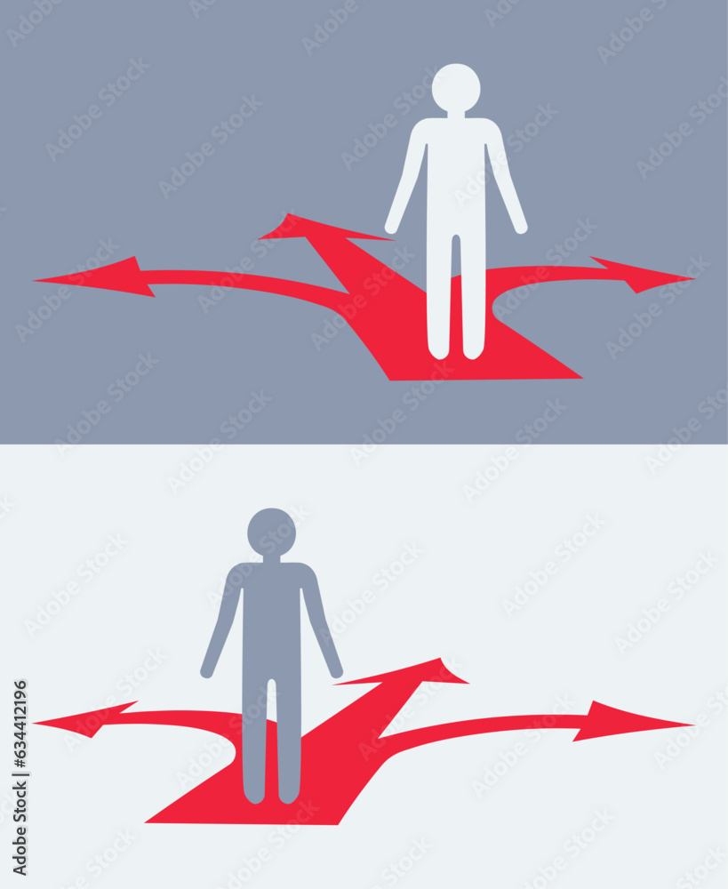 Three-way arrow icon. A man stands on Arrows pointing in different ...