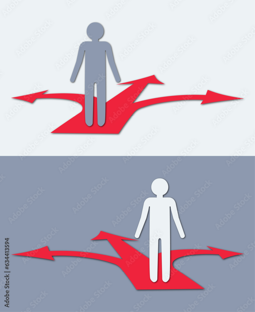 Three-way arrow icon. A man stands on Arrows pointing in different ...