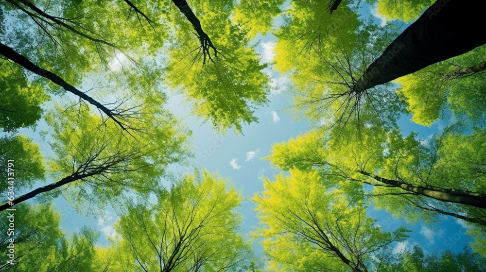 Forest trees view from below into the sky. Nature green wood sunlight ...