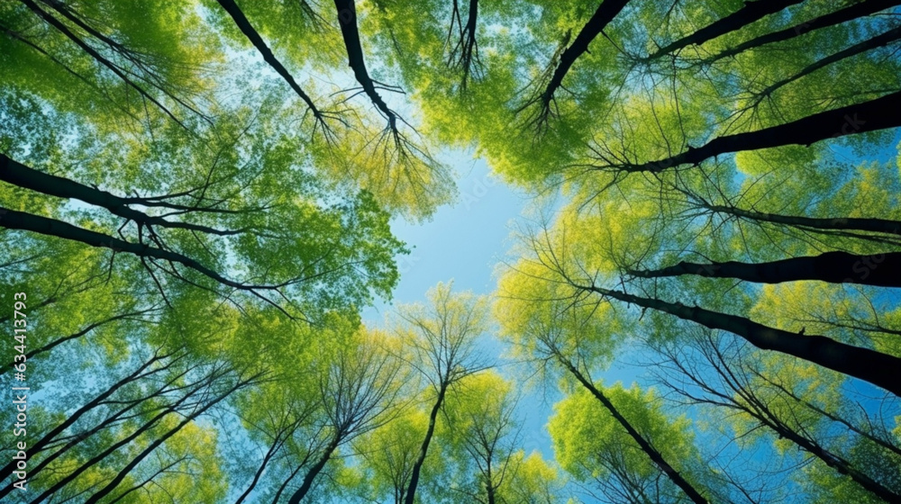 Forest trees view from below into the sky. Nature green wood sunlight ...