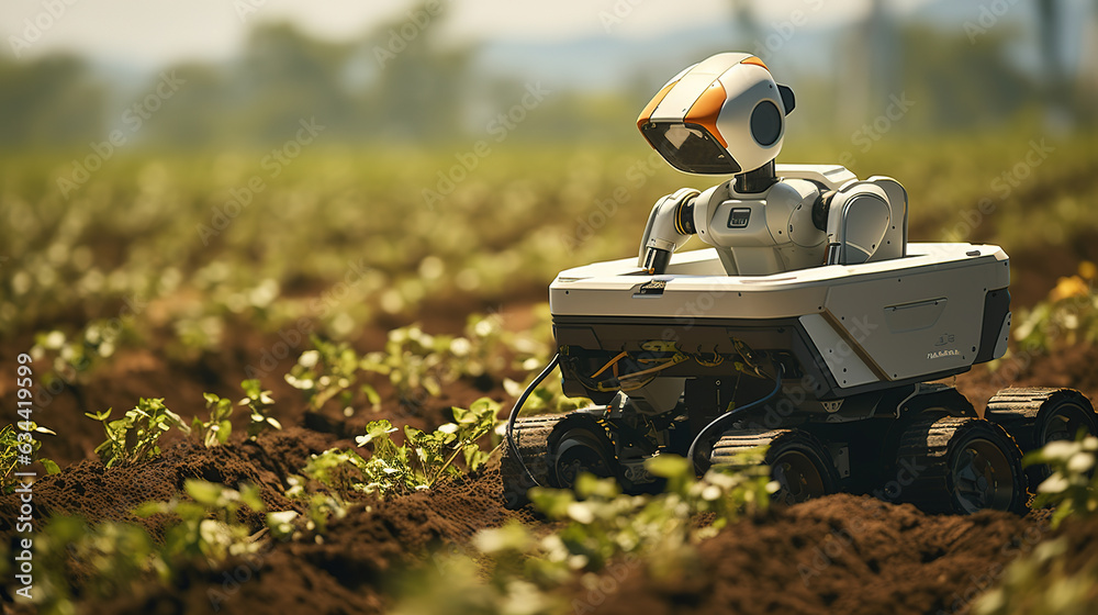 Agricultural robot industriously operating in the field. This ...