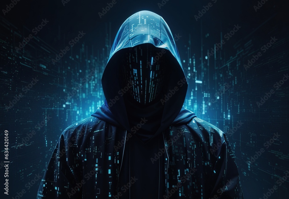 Abstract image of unrecognizable hacker cyber criminal in hood with ...