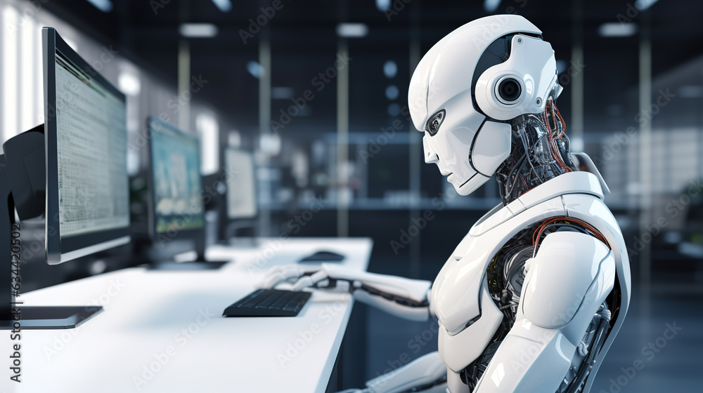 A white AI robot assistant mascot working in front of blank computer ...