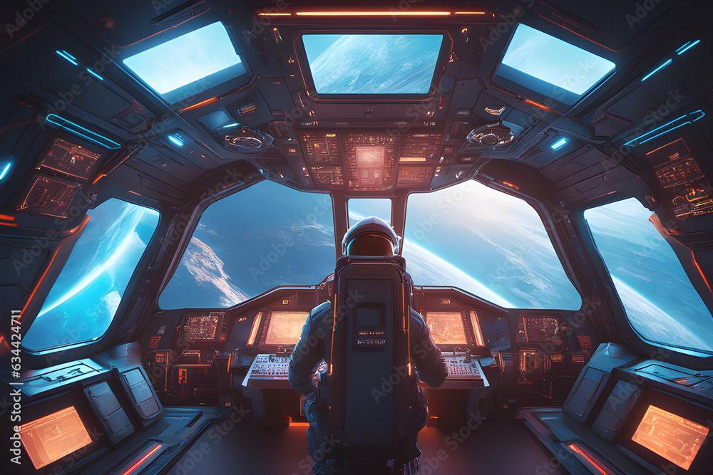 Astronaut Inside a Futuristic Spaceship Cockpit Interior, Engaged with ...