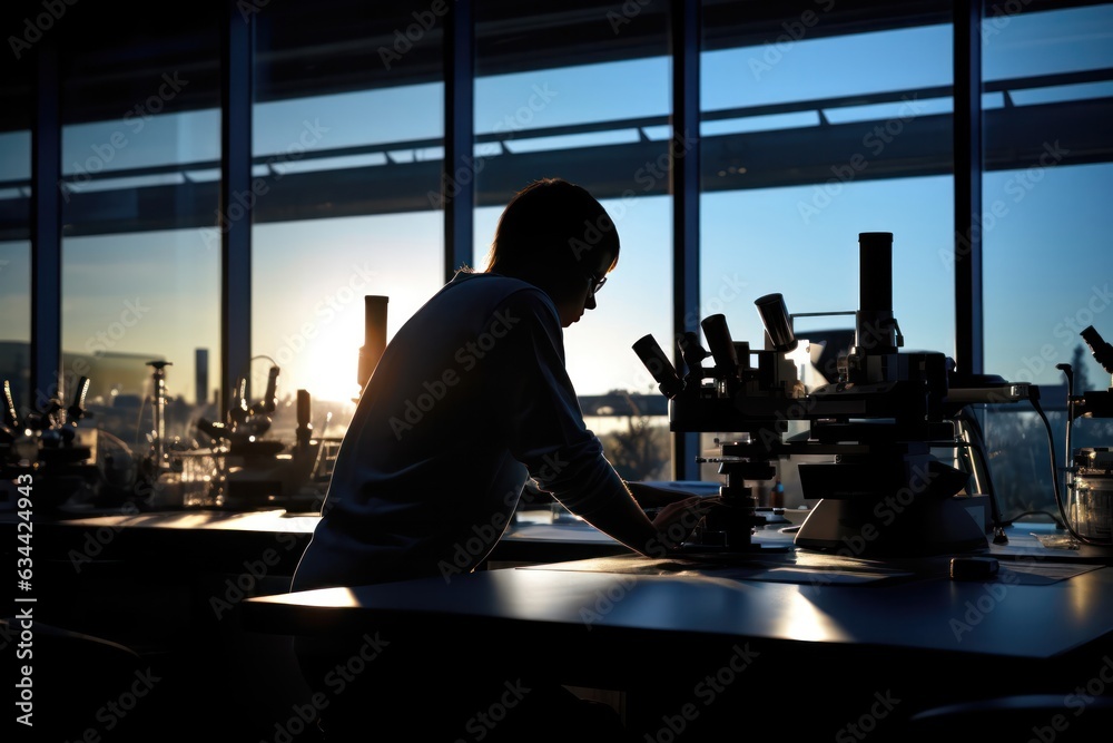 Silhouetted scientist by a window, absorbed in microscope work in a lab ...