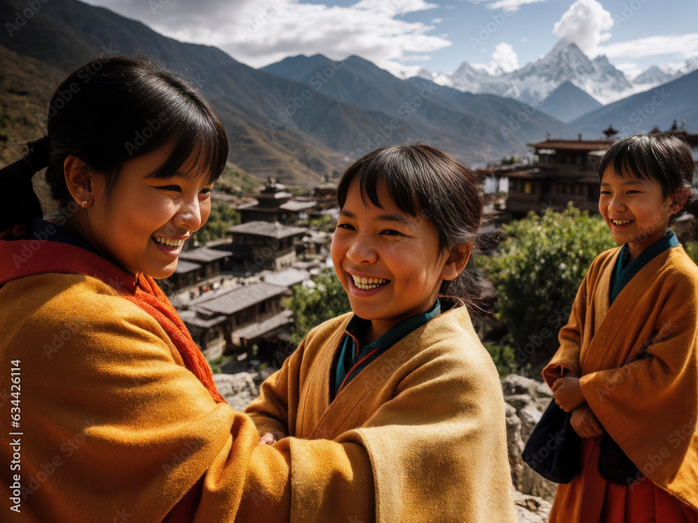 Tibetan children with a cheerful smile wearing a bright a traditional ...