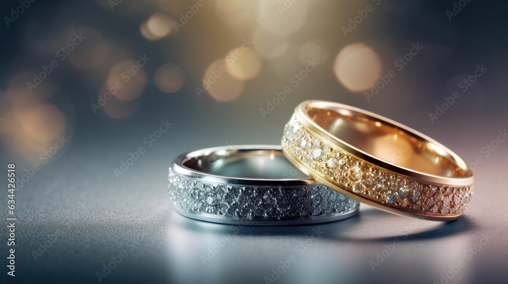 Romantic wedding ring celebration background with two gold rings ...