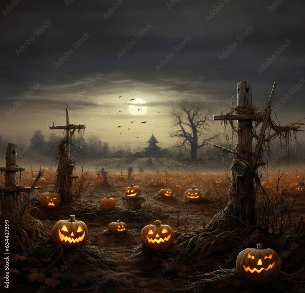 Halloween background with old cemetery gravestones spooky pumpkins and ...