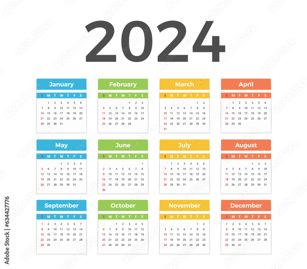 2024 Calendar, week starts on Sunday, vector eps10 illustration Stock ...