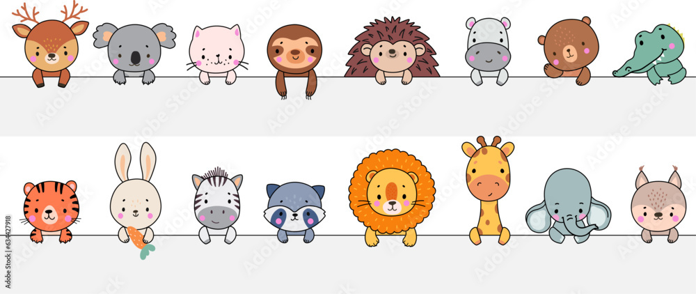 Cartoon animals holding banner. Animal peeking out lines, koala, cat ...