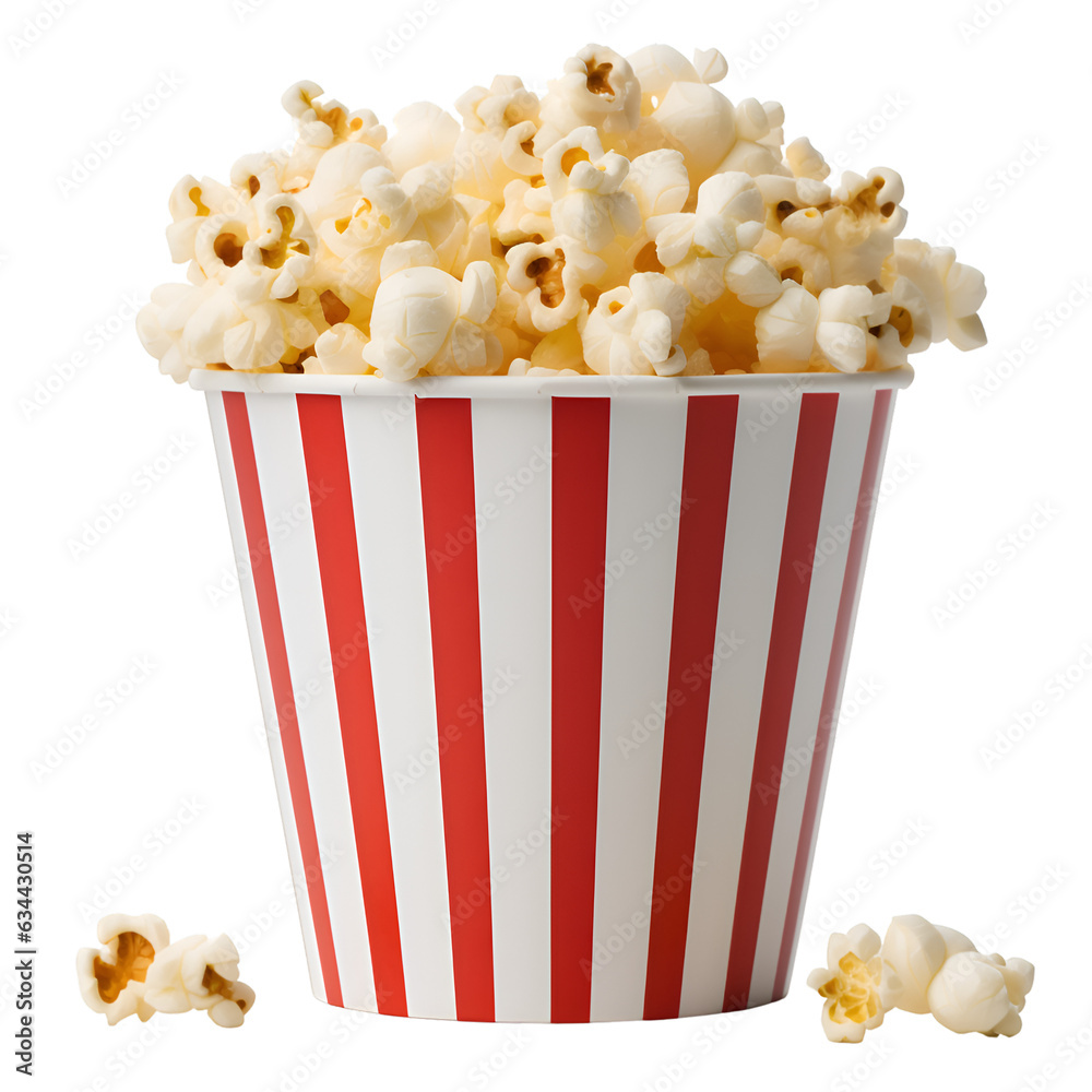 red white paper bucket full of popcorn on isolated transparent ...