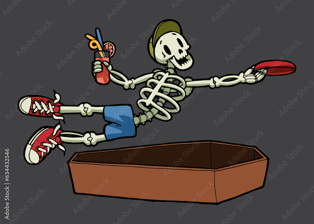 Disc golf skeleton jumping over the grave with a cocktail isolated ...