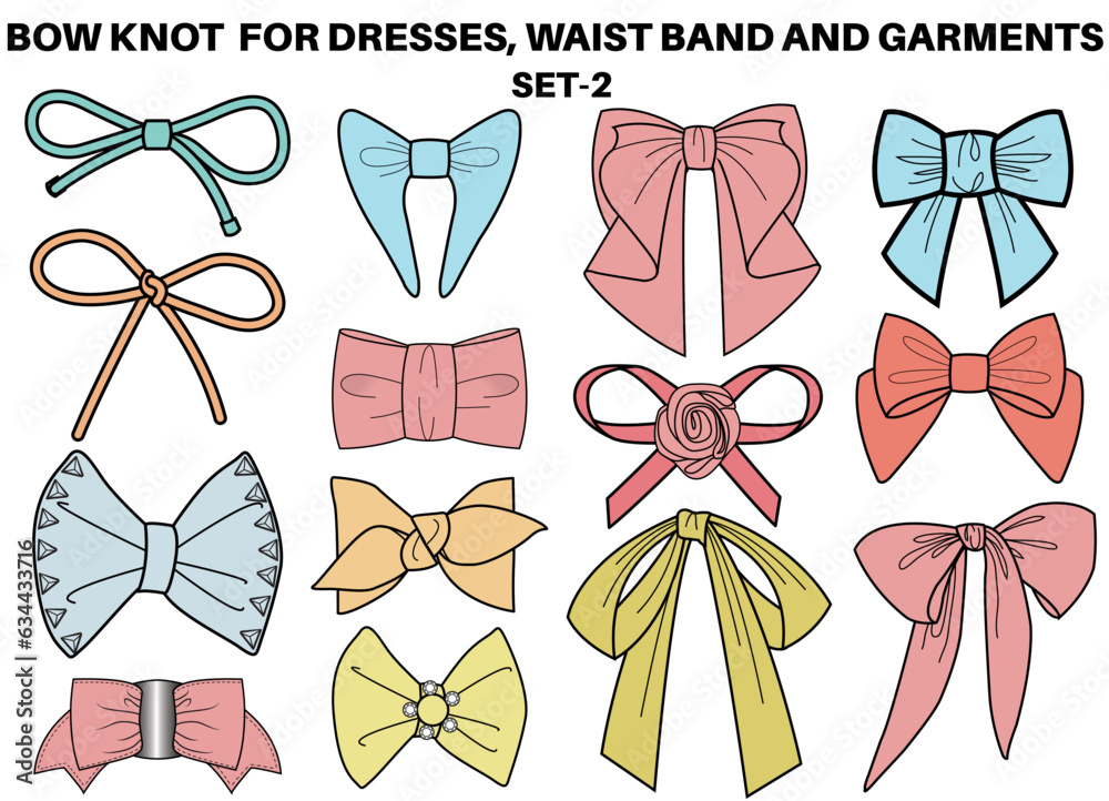 Bow knot and tie ups flat sketch vector illustrator. Set of sash bow ...