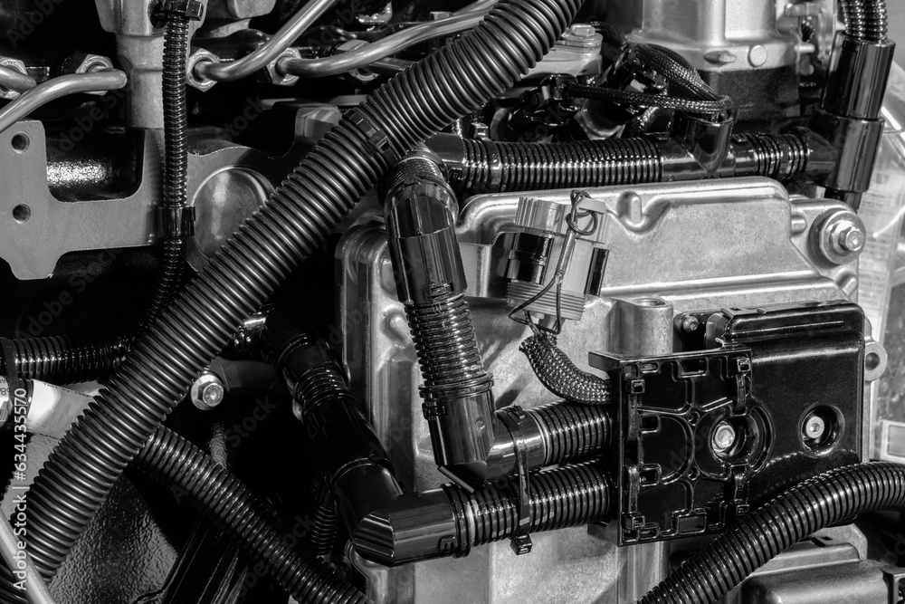 Black diesel engine. Fragment of a diesel motor close-up. Selective on ...