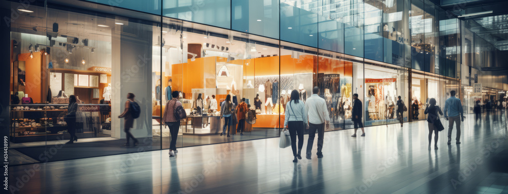 Blurred background of a modern shopping mall with some shoppers ...