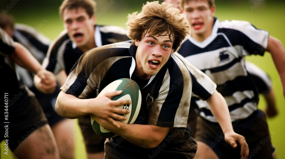 Teamwork in Action, Battle for Oval rugby Ball, fierce competition ...