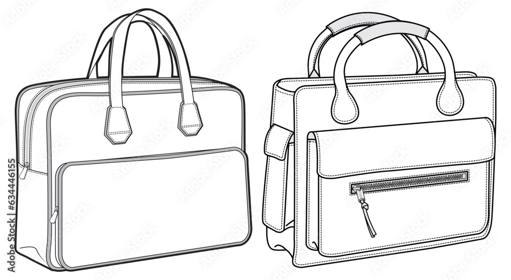 Set of holdall Briefcase bag flat sketch fashion illustration drawing ...