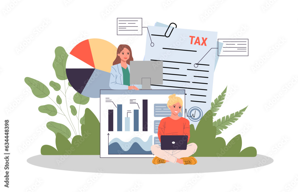 Female workers with charts and taxes vector illustration. Cartoon ...