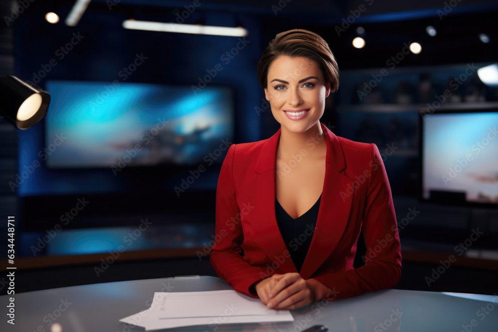 Live news. Female anchor in TV studio on air. Newscaster portrait Stock ...
