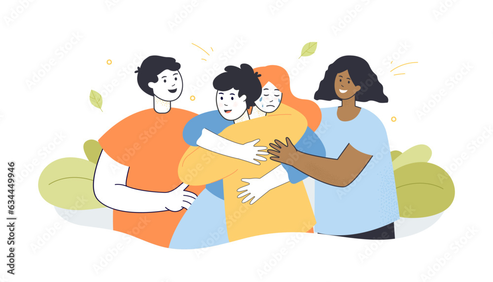 Vektorová grafika „Friends hugging and comforting crying woman vector ...