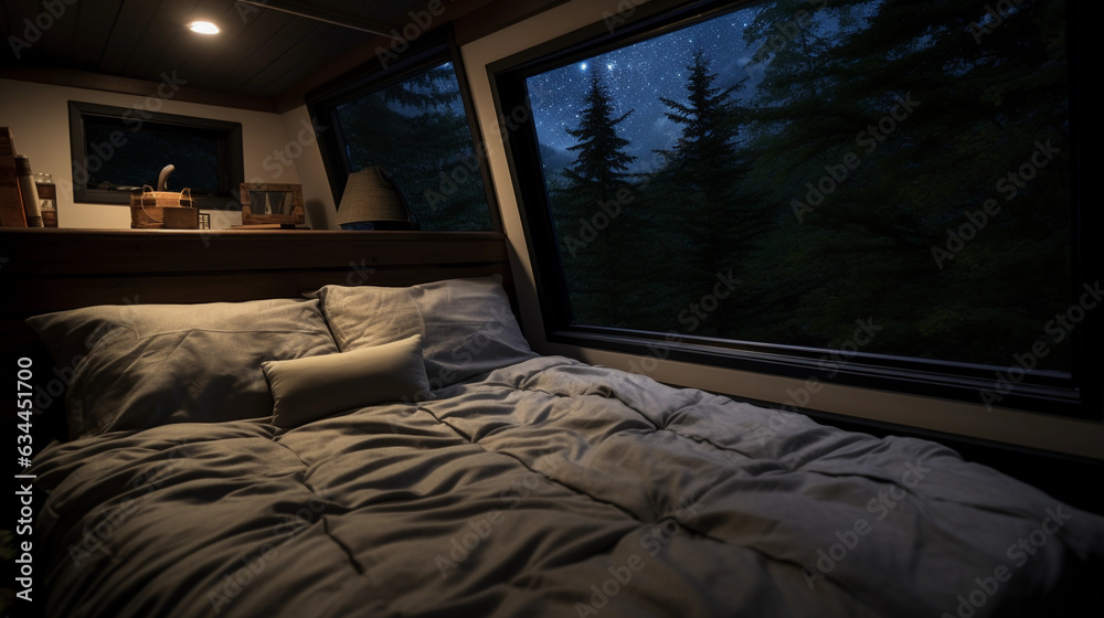 A loft - style bedroom in a tiny home, minimalist design, skylight with ...