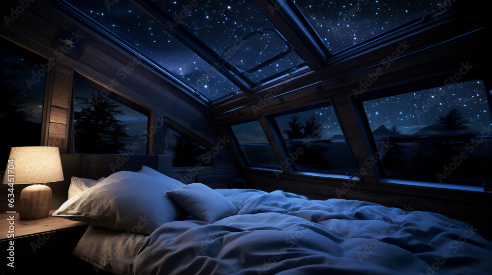 A loft - style bedroom in a tiny home, minimalist design, skylight with ...