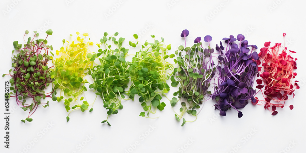 Overhead shot of various microgreens sprouting in a rainbow pattern ...