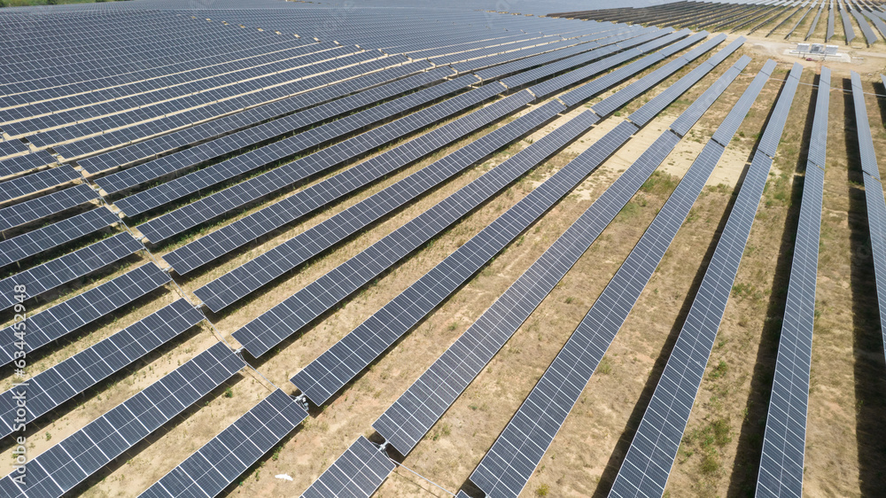 Drone footage of solar farm with trackers Stock Photo | Adobe Stock