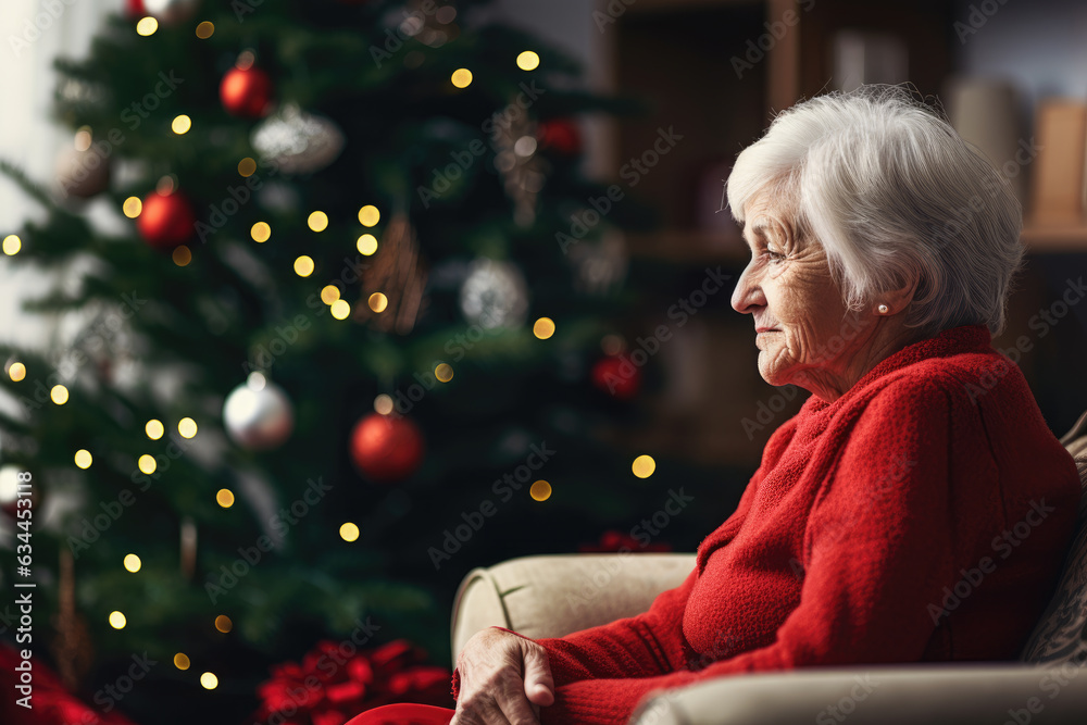 Solitude, loneliness during Christmas holidays. Sad eldery woman ...