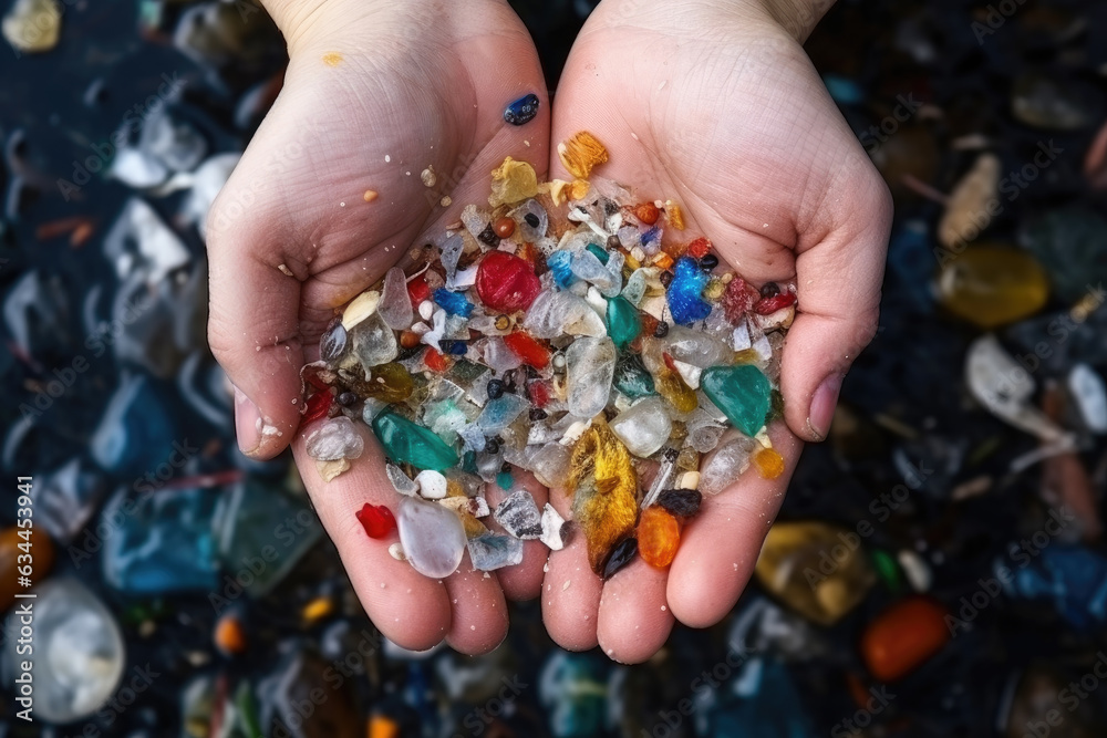 Hands holding microplastics picked up on a beach. Water pollution ...