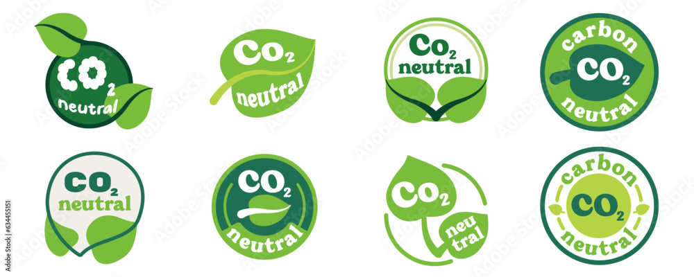 co2 neutral green logo set with leaves. Eco friendly sigh, carbon ...