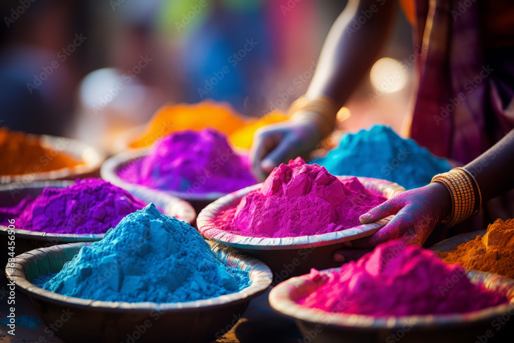 Colorful powder paints in pots at a market in India. Festival of colors ...