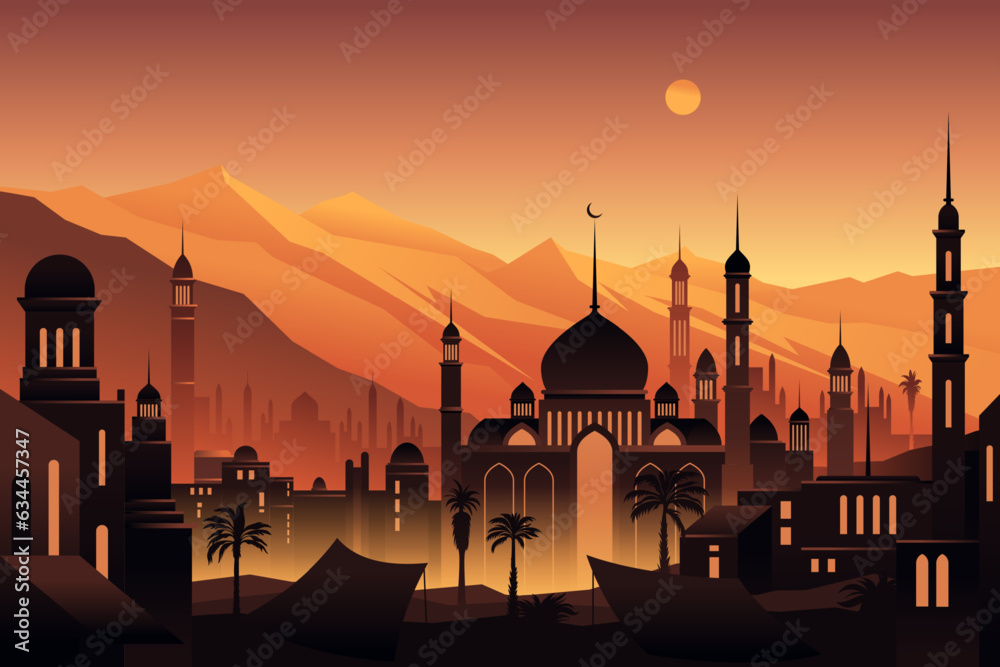 Night city buildings. Mosque and house silhouettes. Old arabian ...