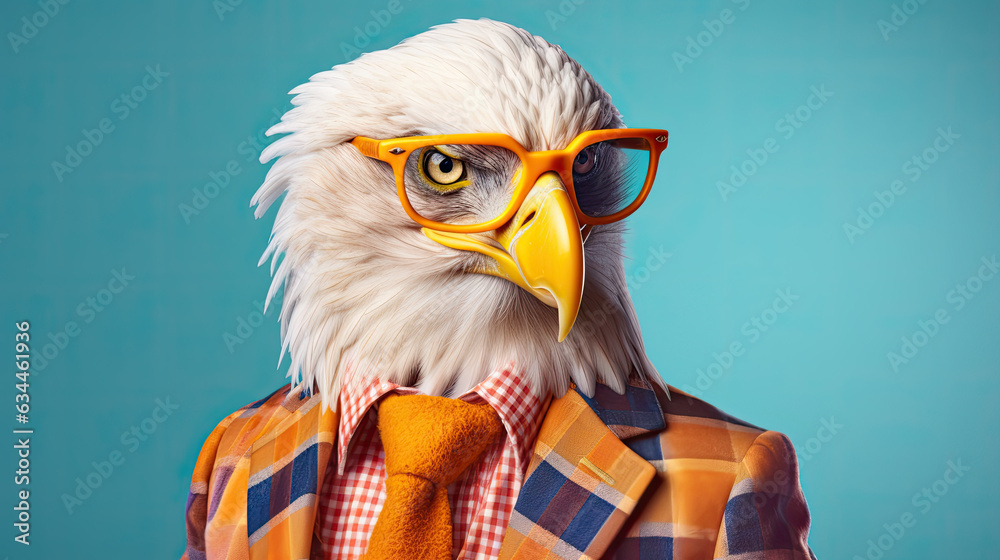 Anthropomorphic bald eagle in a colorful suit with glasses. Pastel blue ...