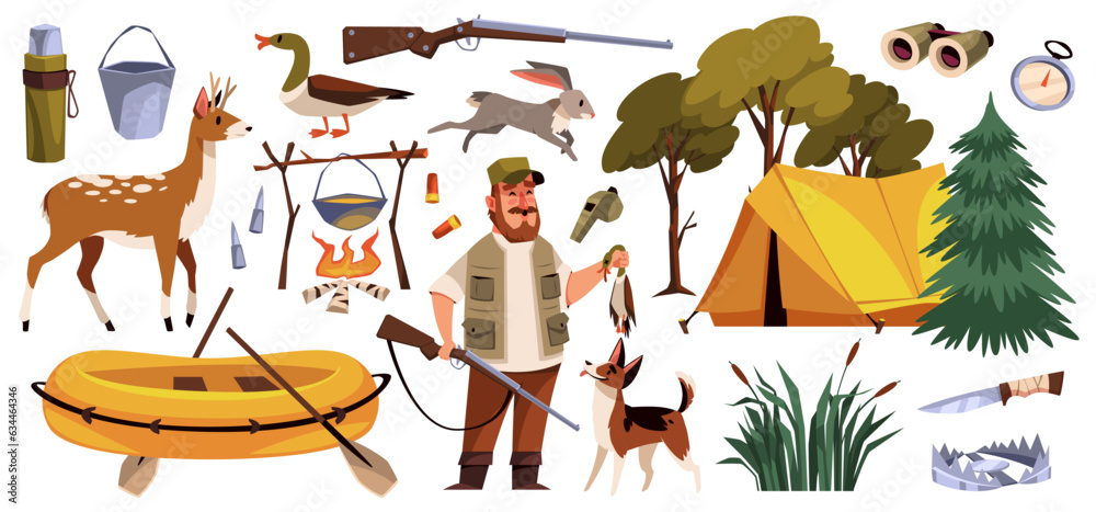 Cartoon hunter character with equipment. Funny man with a hunting dog ...